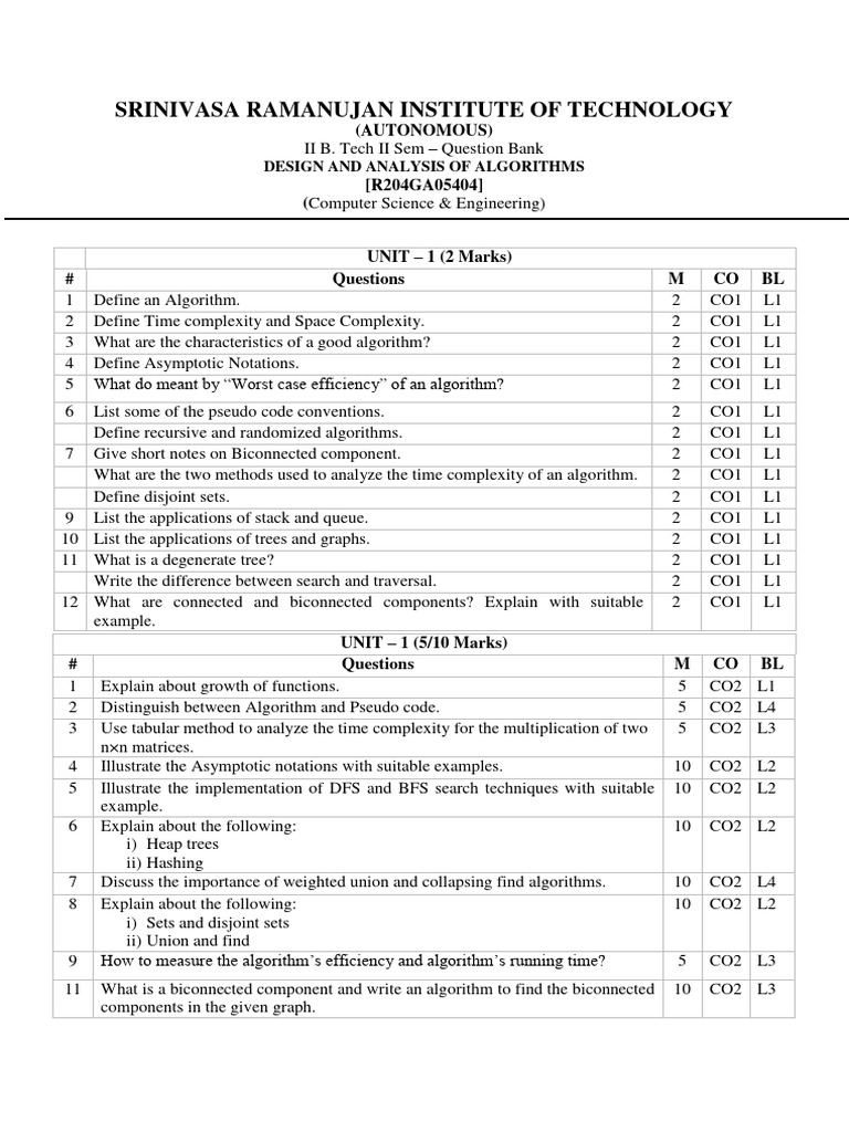 DAA - Question Bank CSE B | PDF | Computational Complexity Theory ...