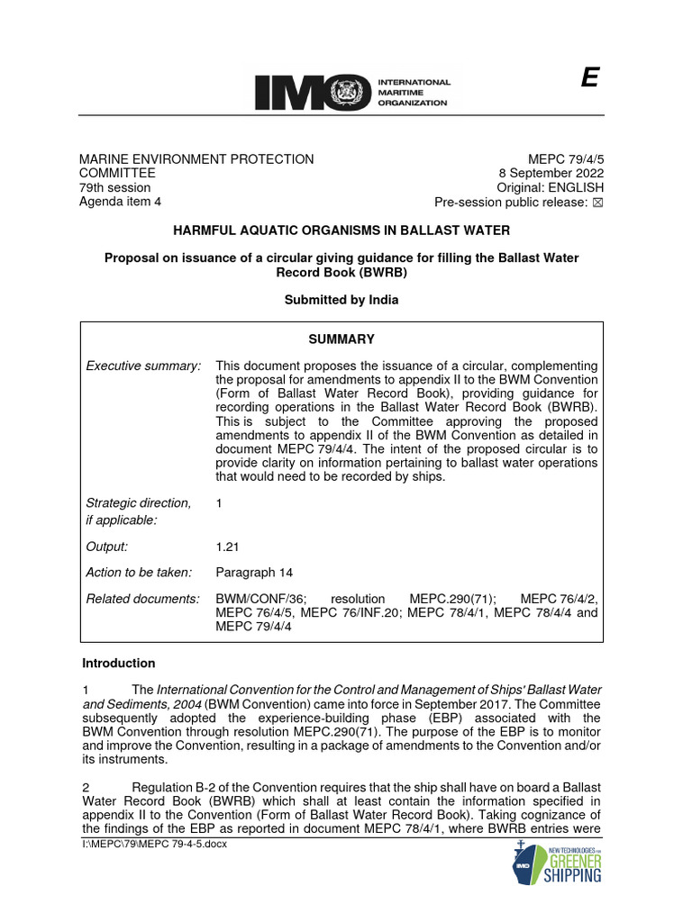 MEPC 79-4-5 - Proposal On Issuance of A Circular Giving Guidance For Filling The Ballast Water ...