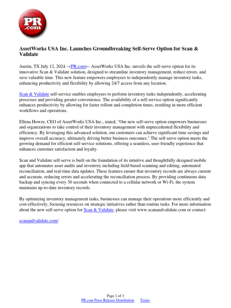 AssetWorks USA Inc. Launches Groundbreaking Self-Serve Option For Scan & Validate | PDF ...