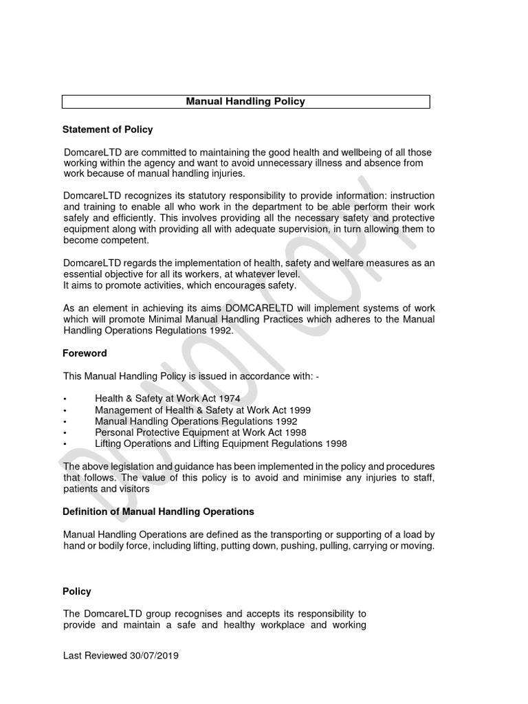 Manual Handling Policy | PDF | Occupational Safety And Health | Safety
