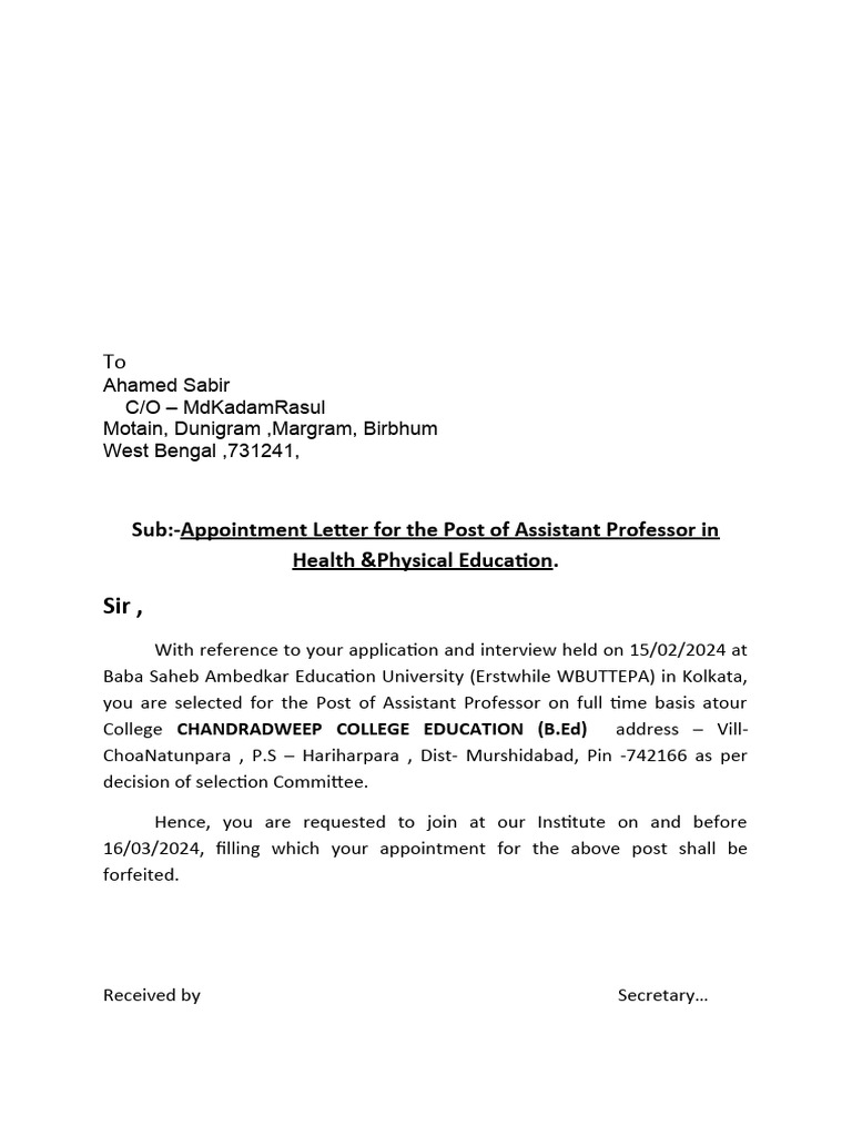 Appointment Letter: Assistant Professor | PDF