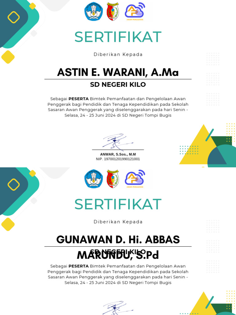 (Revisi) Sertifikat Awan Penggerak Sigi (A4) | PDF