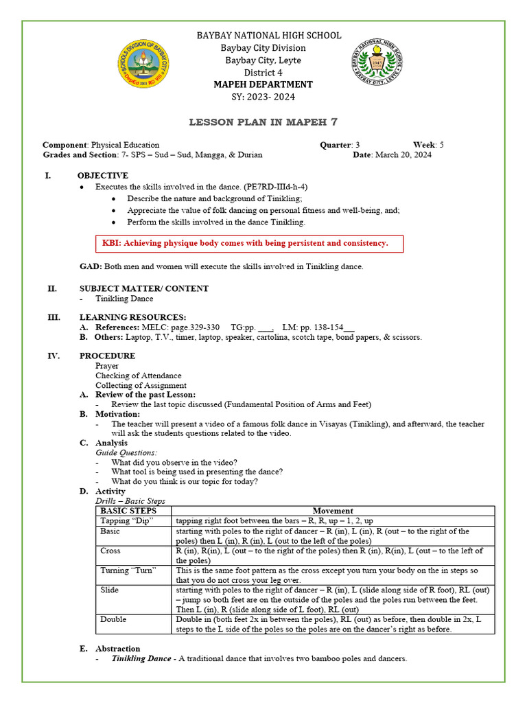 Tinikling Dance Lesson Plan for MAPEH 7 | PDF