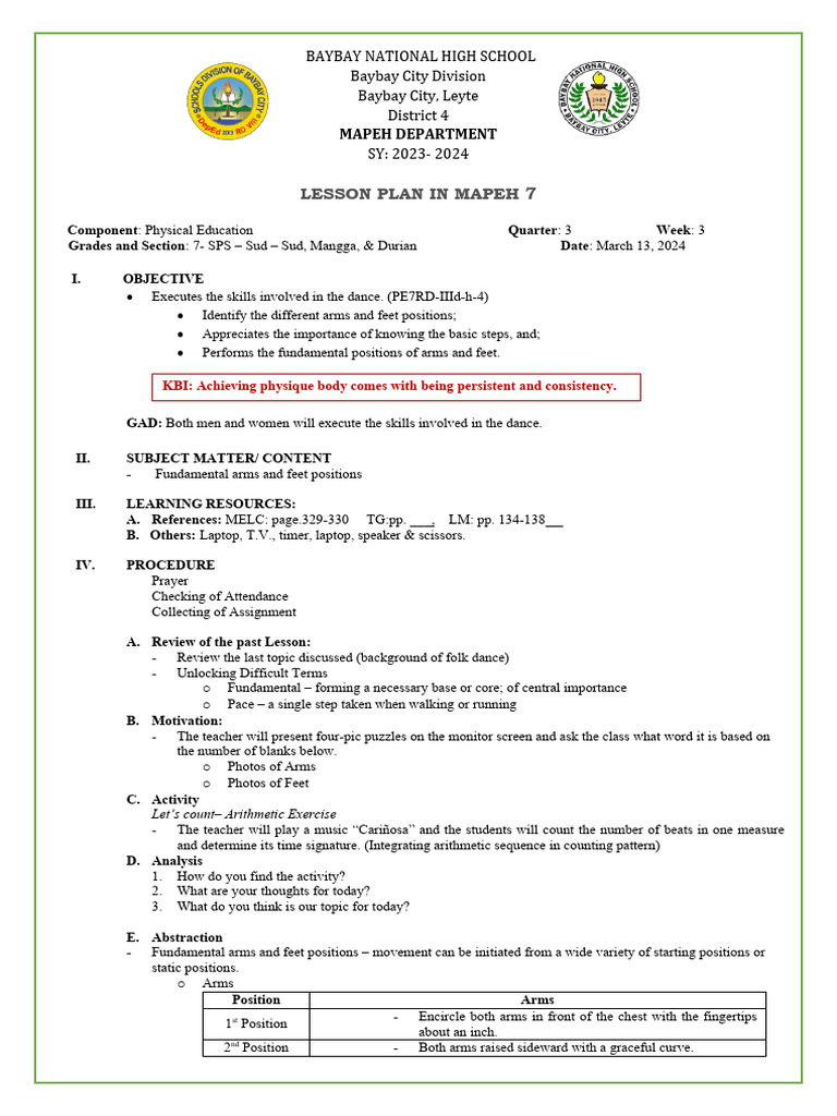 Physical Education Lesson Plan Q3 L3 | PDF | Foot | Cognition
