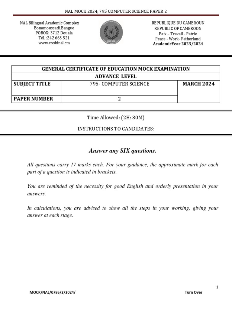 795 CSC 2022 Paper 2 Nal Mock 2024 | PDF | Applied Mathematics | Computing 795 CSC 2022 Paper 2 Nal Mock 2024 | PDF | Applied Mathematics | Computing