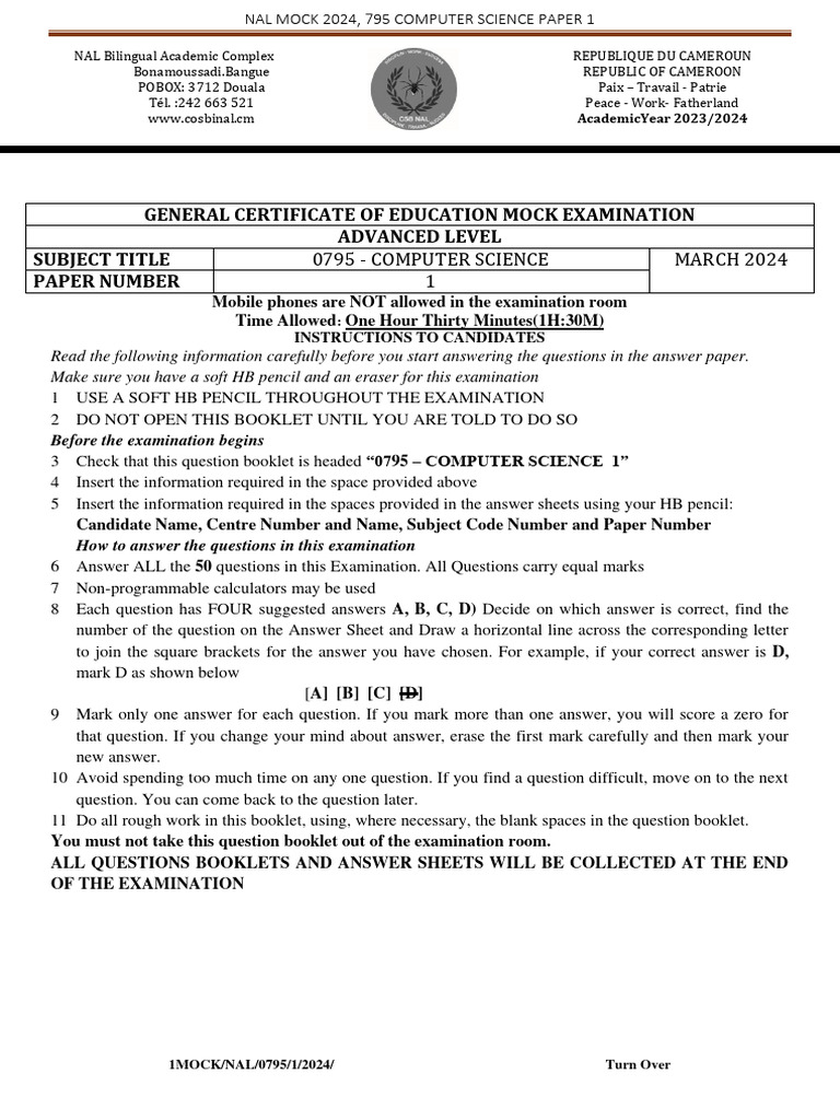 2024 Computer Science Mock Exam Paper | PDF | Process (Computing ...