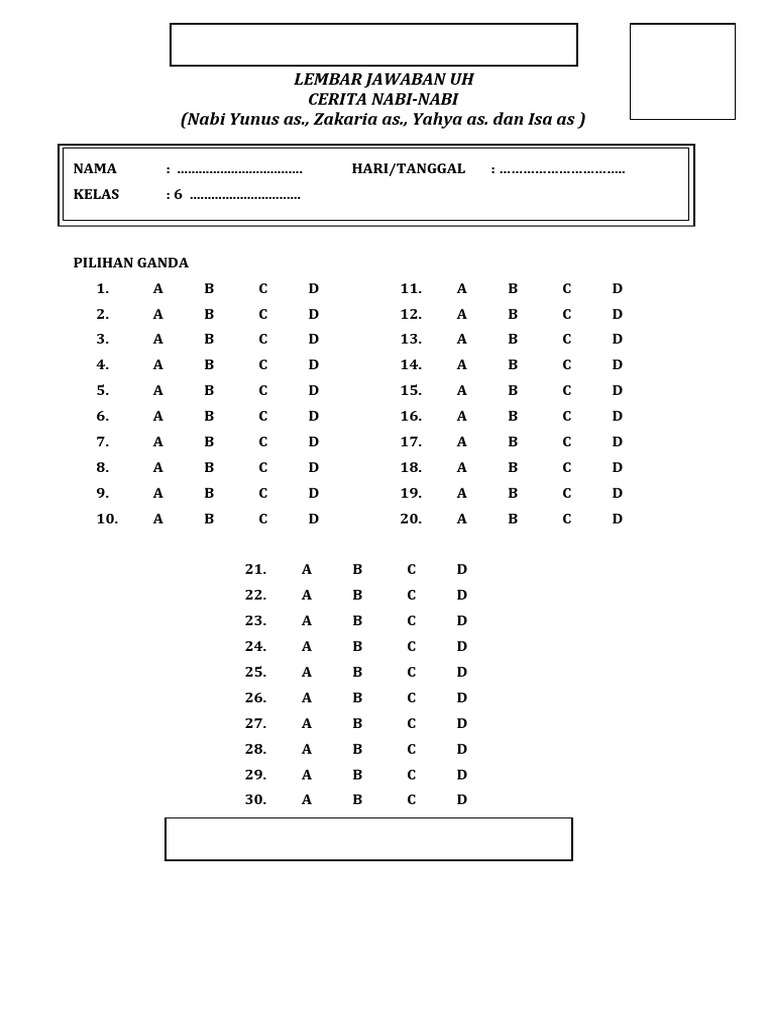 LJK Dan Soal Uh Bab. 6 Cerita Nabi Yunus, Zakaria, Yahya Dan Isa | PDF