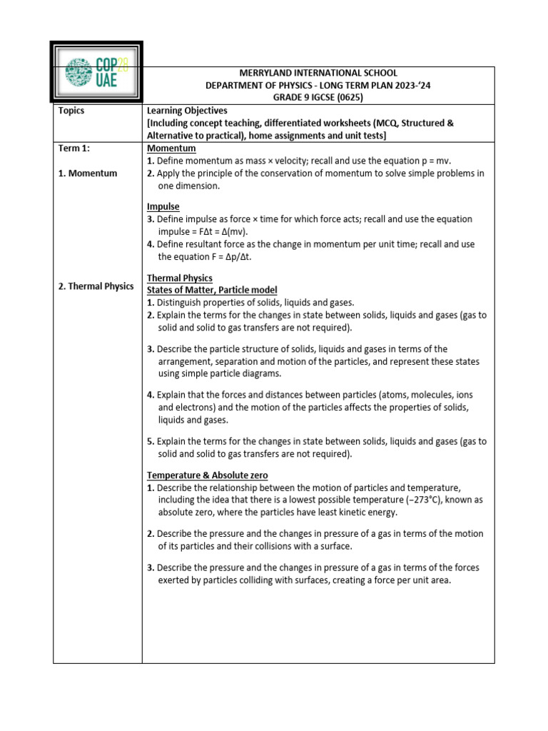 Grade 9 IGCSE Physics Long Term Plan | PDF | Gases | Planets