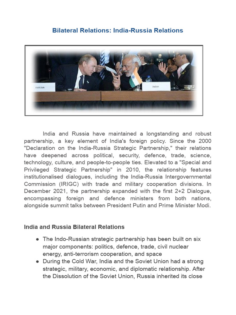 India-Russia Bilateral Relations Overview | PDF | International Relations