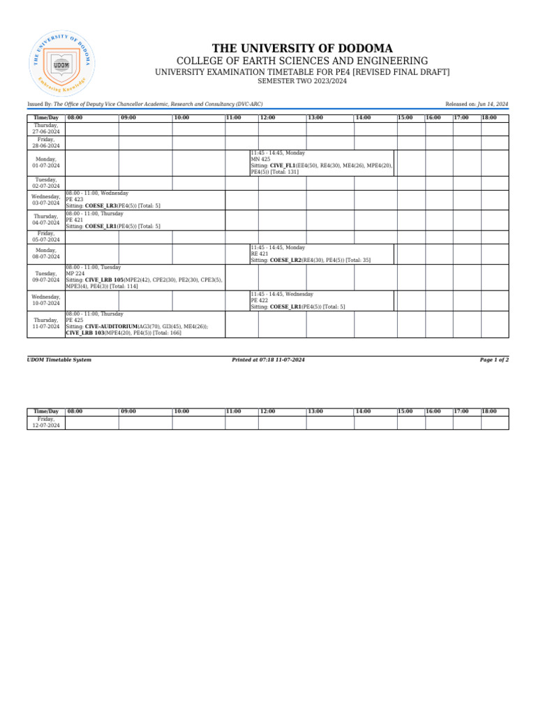 PE4 - Examination Timetable2024-07!11!040718 | PDF