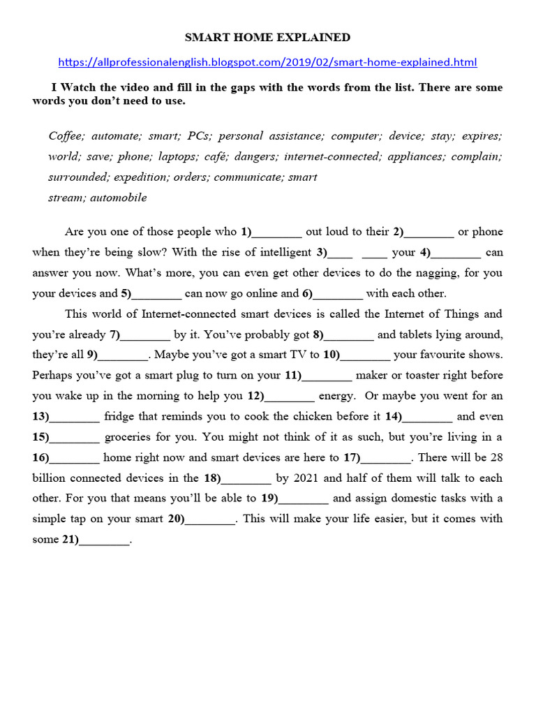 Smart Home Explained Video Movie Activities Worksheet Templates Layouts ...