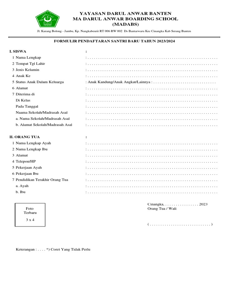 FORMULIR PPDB MA Darul Anwar Boarding School 2023-2024 | PDF