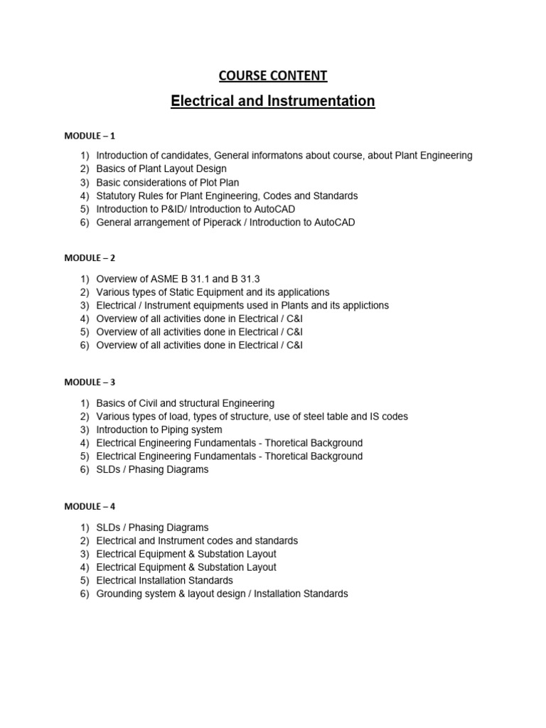 DT COURSE CONTENT Electrical and Instrumentation | PDF | Electrical ...