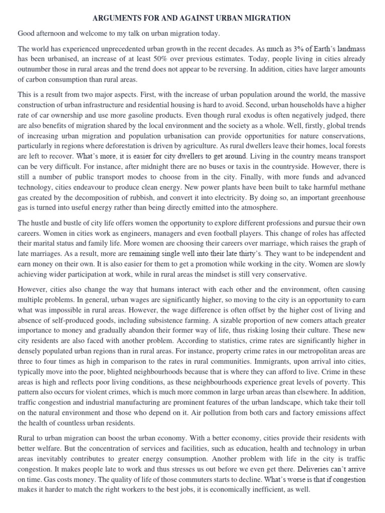 Arguments For and Against Urban Migration | PDF | Cost Of Living ...