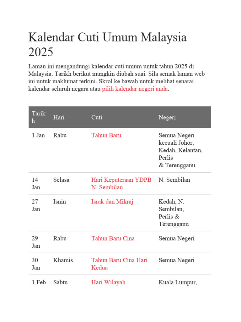 Kalendar Cuti Umum Malaysia 2025 | PDF