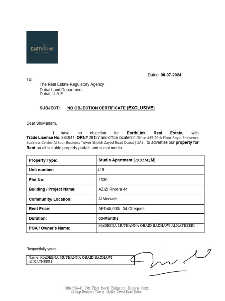 NOC Certificate for Dubai Property Rental | PDF | Business | Law