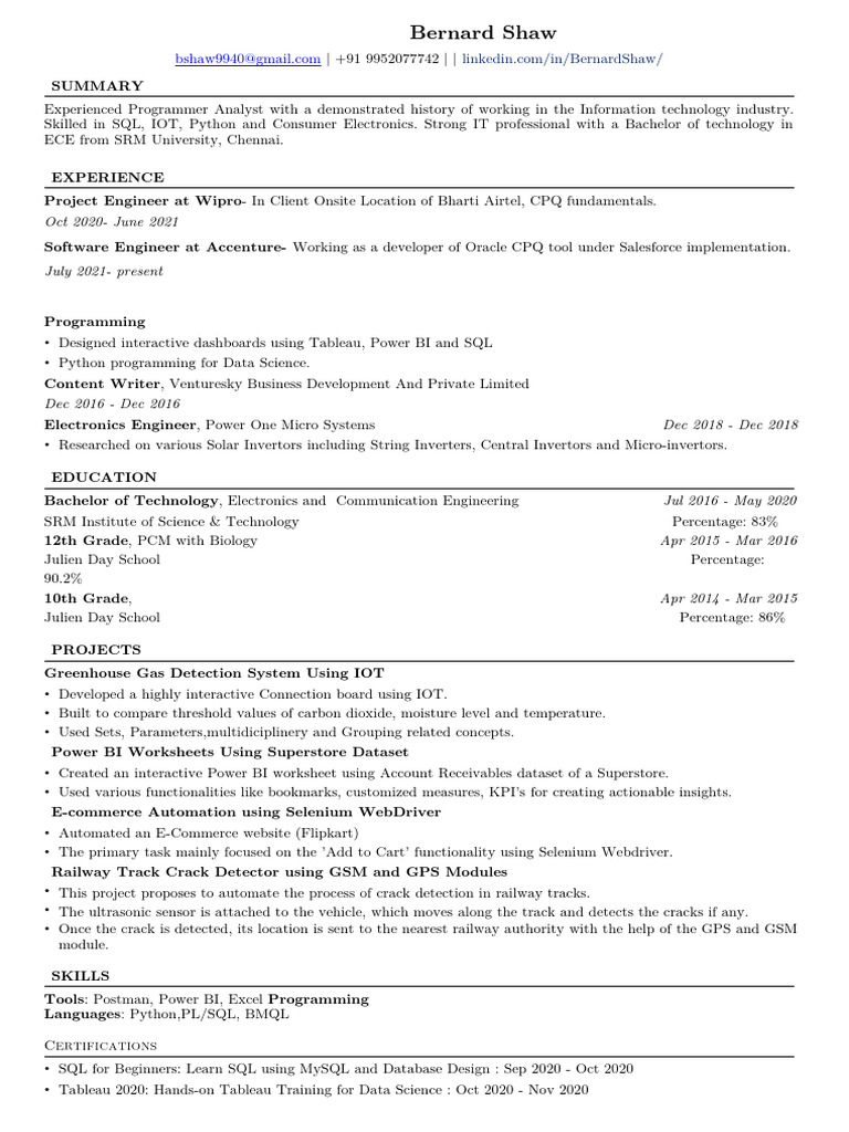 CV For Tcs | PDF | Sql | Internet Of Things