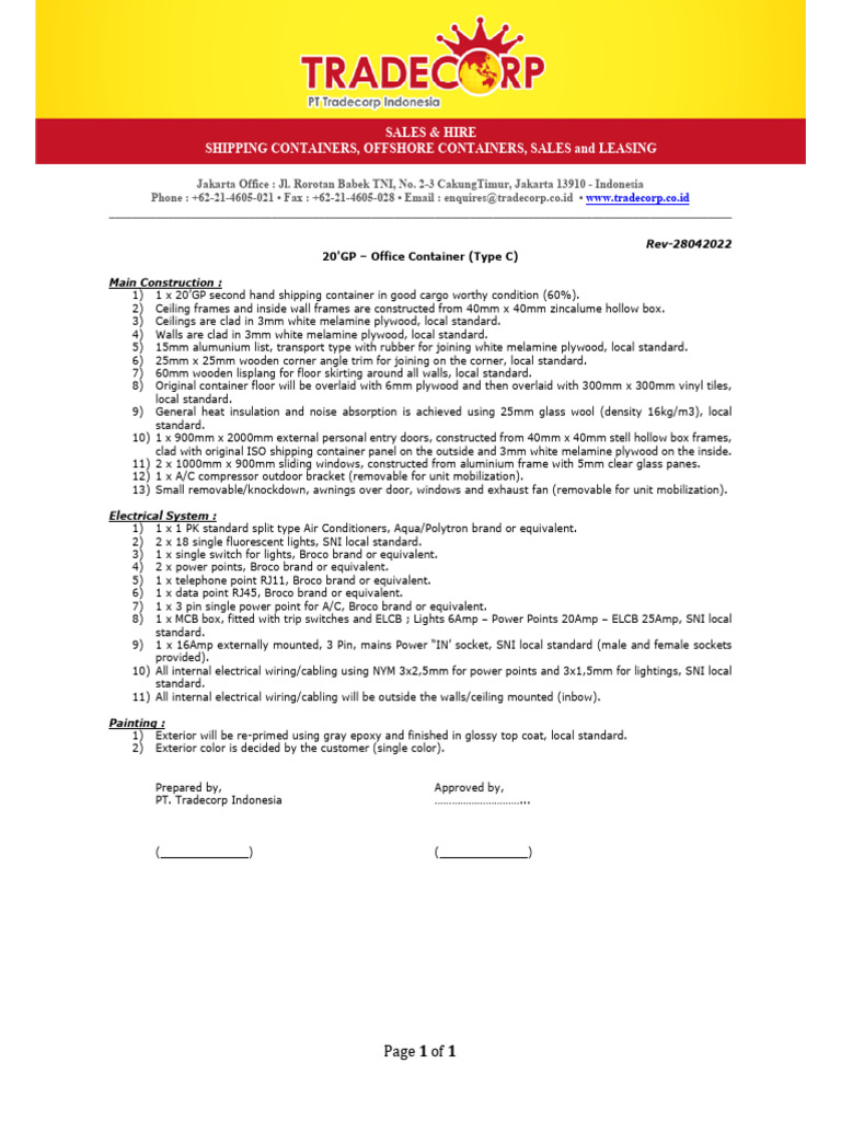 Specification 20'GP - Office Container Type C New | PDF | Components | Building Technology