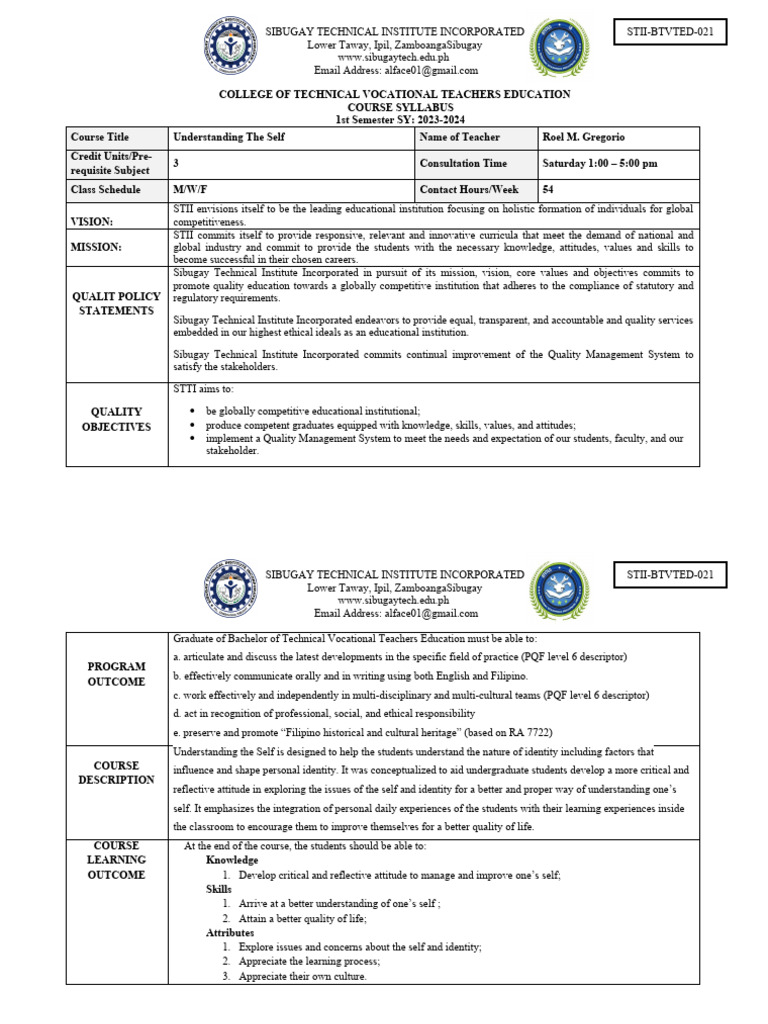 Syllabus in Understanding | PDF | Learning | Identity (Social Science)