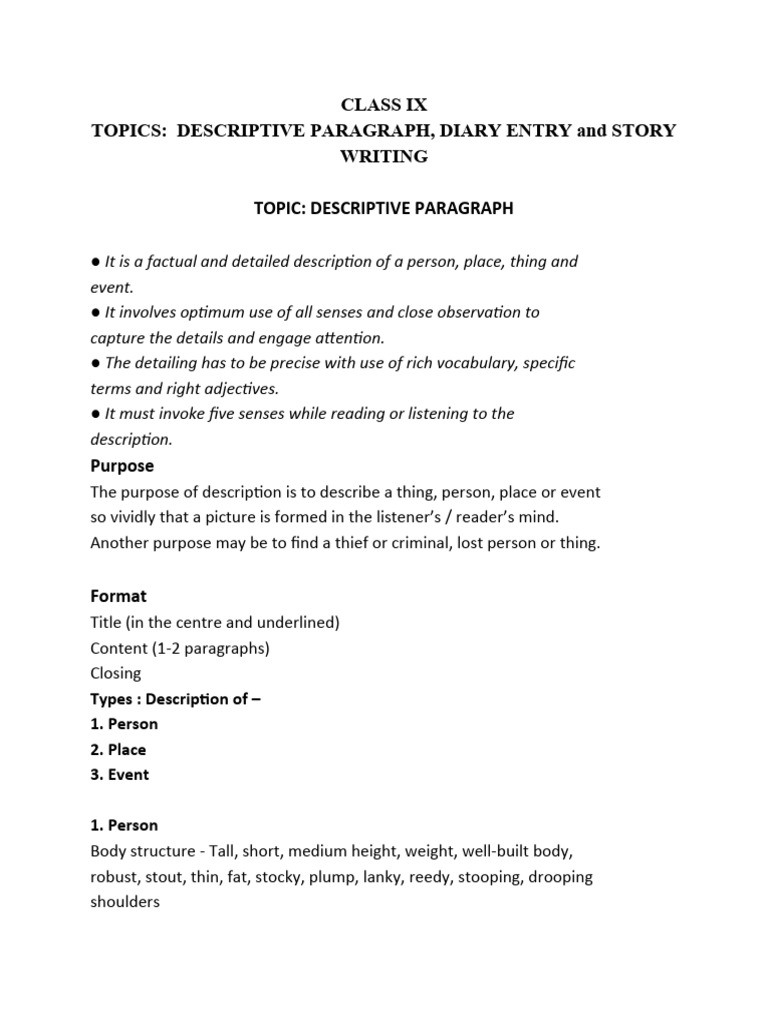 Descriptive Paragraph - Diary - Story Writing | PDF