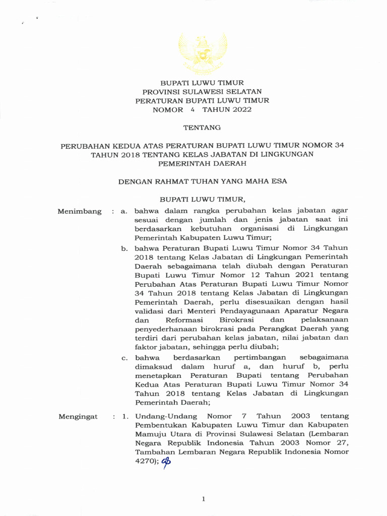 Perbup No 4 Tahun 2022 TTG Kelas Jabatan - 000020 | PDF