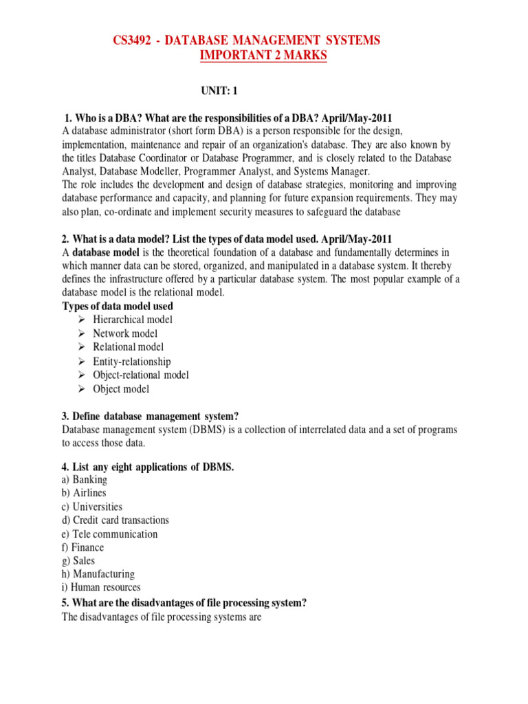 CS3492 DBMS-Important-2-Mark with Answer | PDF | Databases | Database Transaction