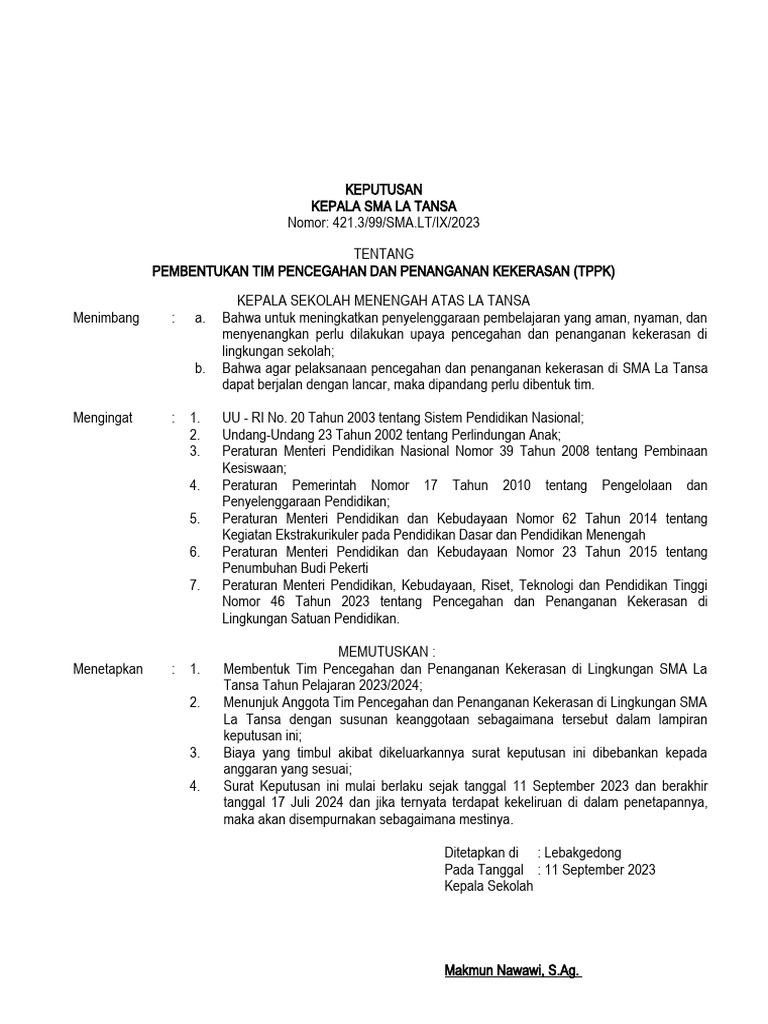 SK Tim Pencegahan Dan Penanganan Kekerasan Di Lingkungan Satuan Pendidikan | PDF