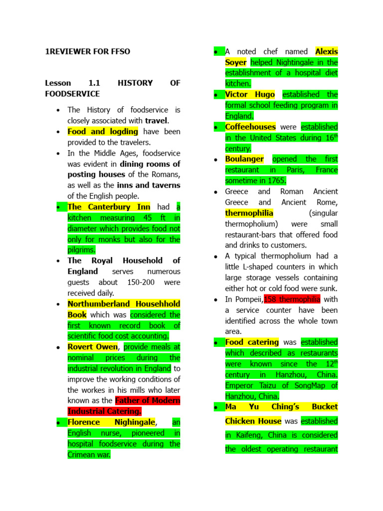 Reviewer For Ffso | PDF | Chef | Waiting Staff