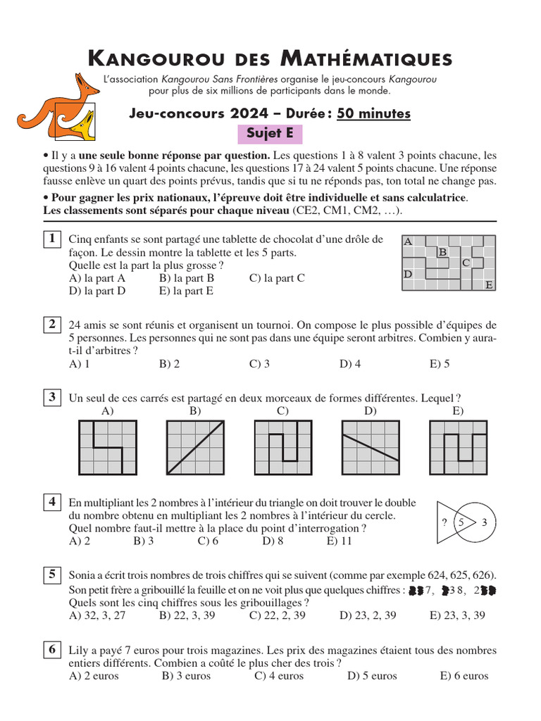 Kangourou des Maths 2024 : Concours et Sujets | PDF
