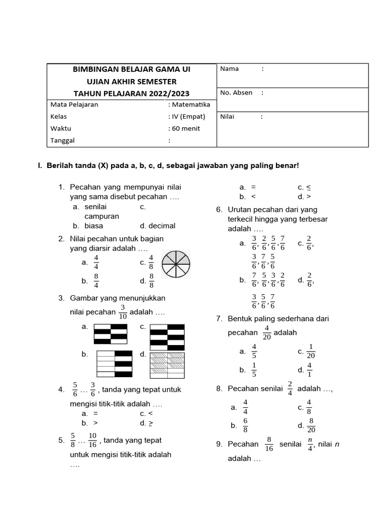 Persiapan Uas MTK Kelas 4 | PDF