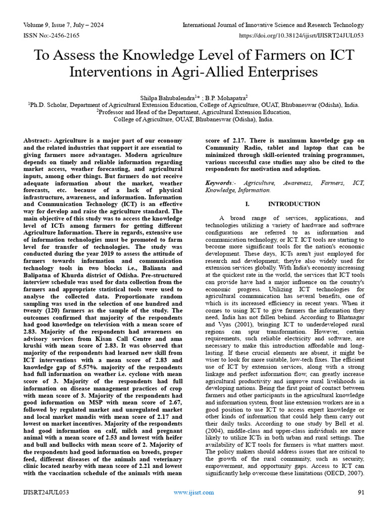To Assess The Knowledge Level of Farmers On ICT Interventions in Agri ...