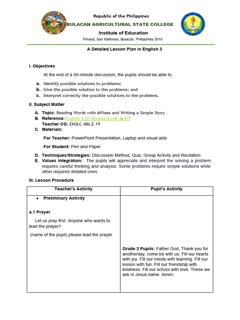DLP ENG 3 Q2 M3.. | PDF | Prayer | Teachers