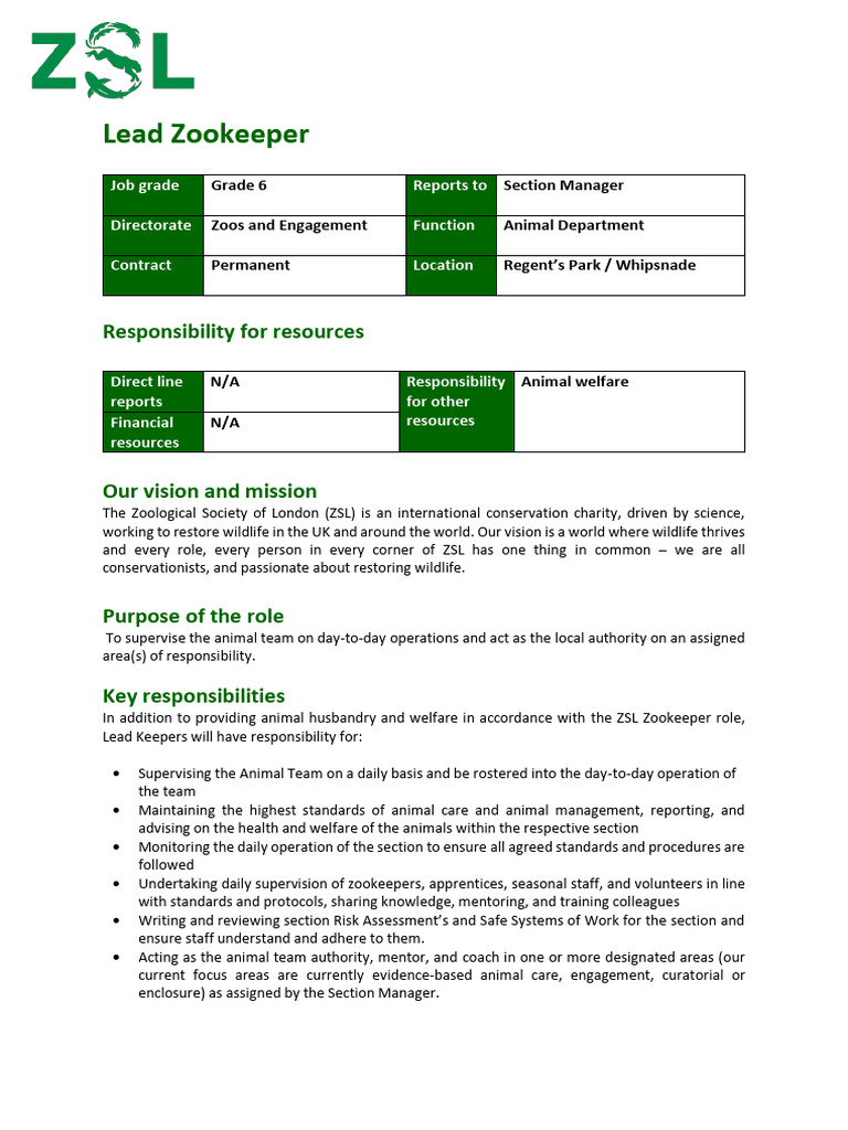Lead Zookeeper JD - FINAL | PDF | Zoo | Animal Welfare