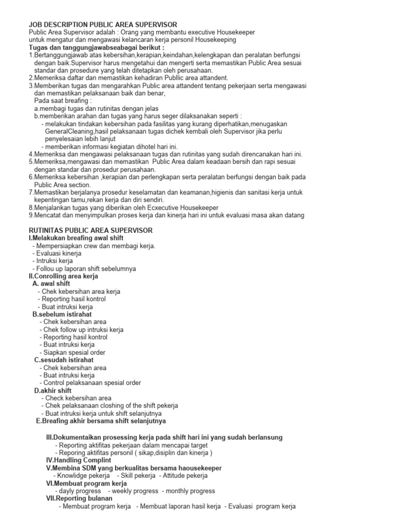 Job Description Public Area Supervisor | PDF