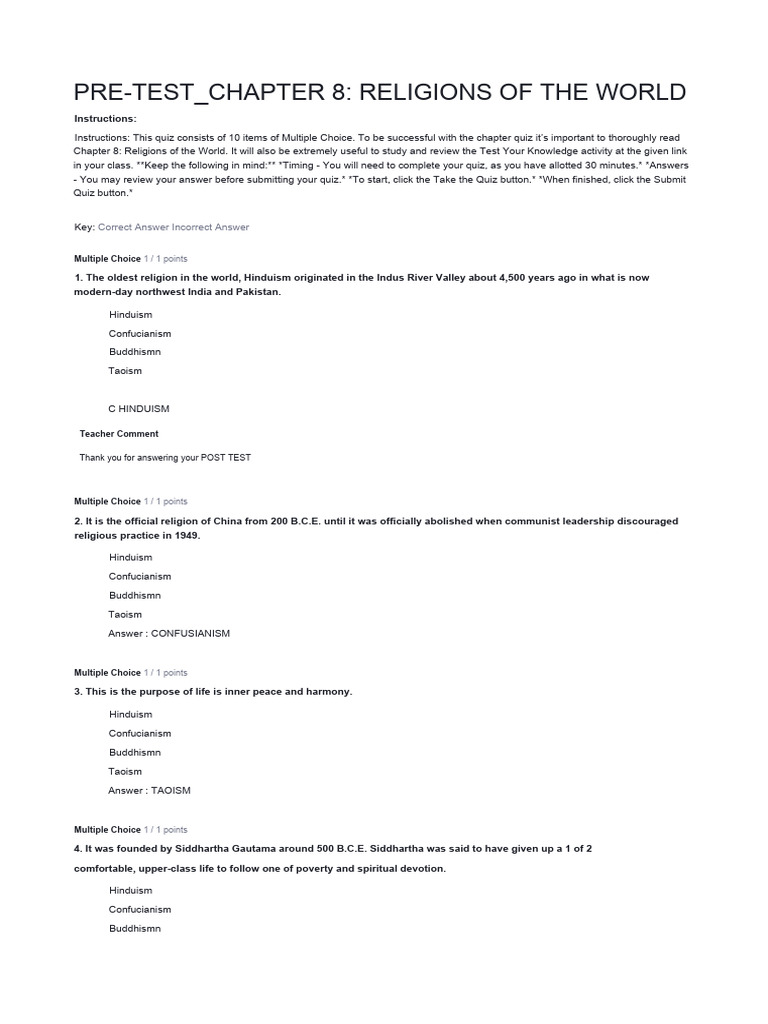 Chapter 8 Quiz: World Religions | PDF | Multiple Choice | Faith