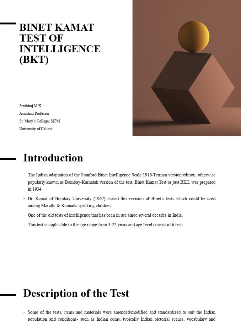 Binet Kamat Test of Intelligence (BKT) : Sruthiraj M K Assistant ...