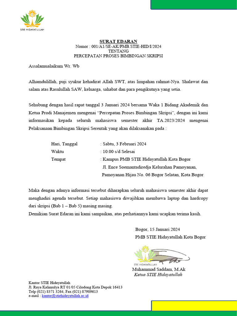 Surat Edaran Stie Hidayatullah | PDF