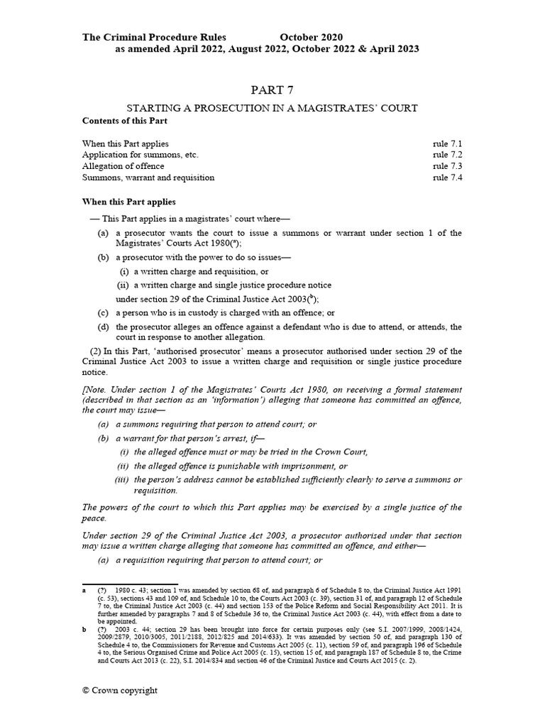Crim Proc Rules 2020 Part 07 | PDF | Prosecutor | Summons