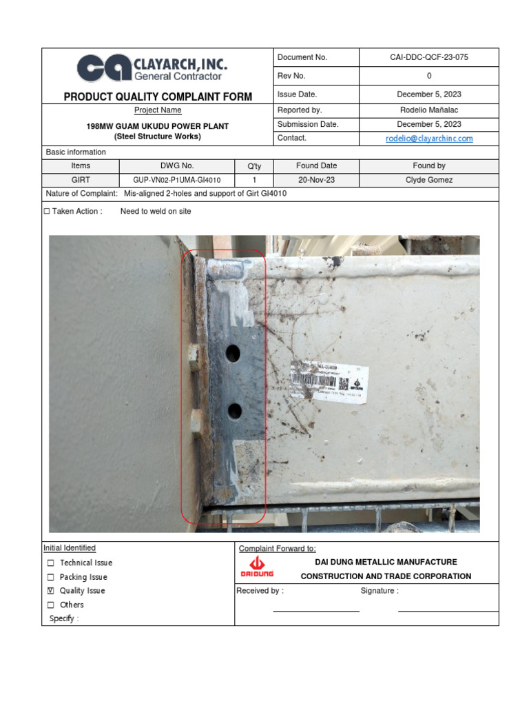 Product Quality Complaint Form - CAI-75 | PDF