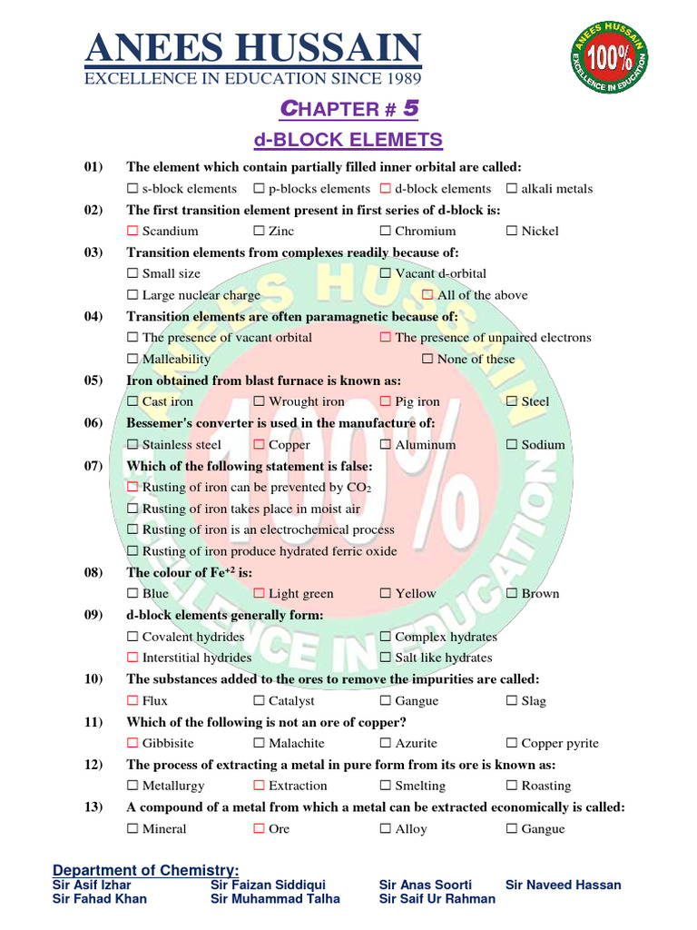 Xii Chap 5 D Block Elements | PDF | Transition Metals | Iron