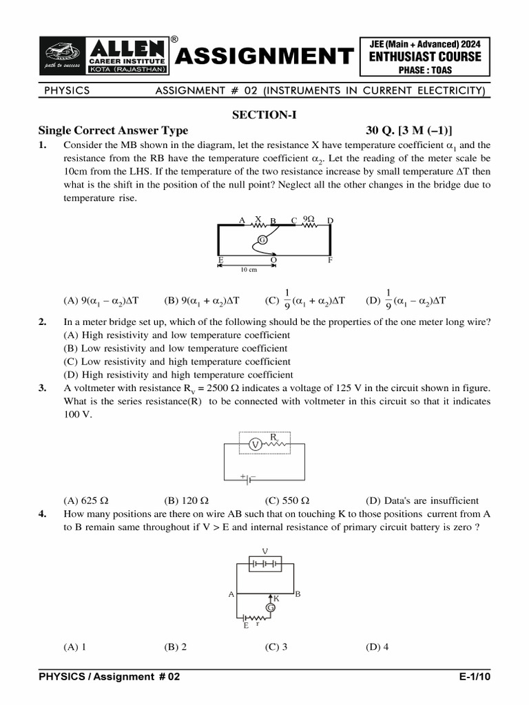 02 # Assignment - (Instruments in Current Electricity) 21 June | PDF