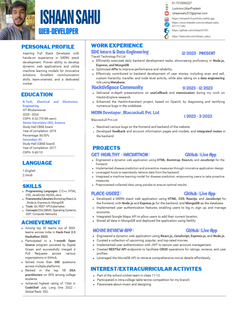 ishaan sahu Resume | Download Free PDF | Java Script | Computer Engineering
