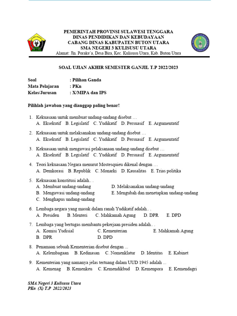 SOAL UAS GANJIL PKN KELAS X | PDF | Politik