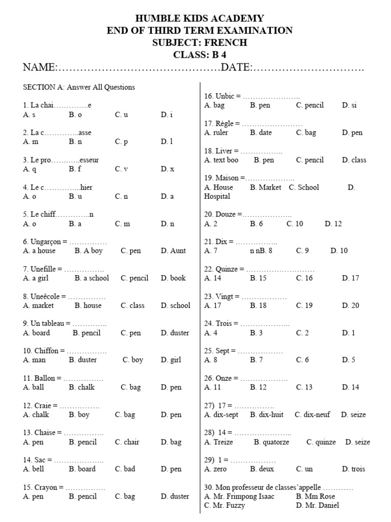 TERM TWO FRENCH 4 6 Questions | PDF | Art