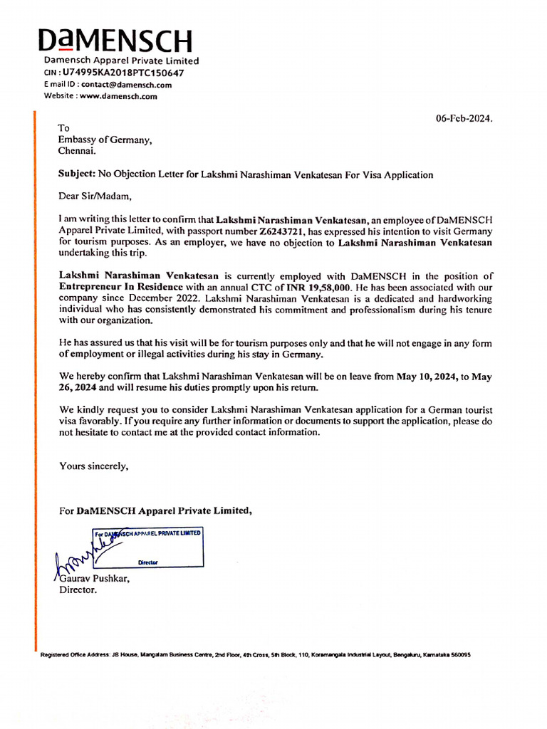 Schengen Visa - Sample Employer NOC | PDF