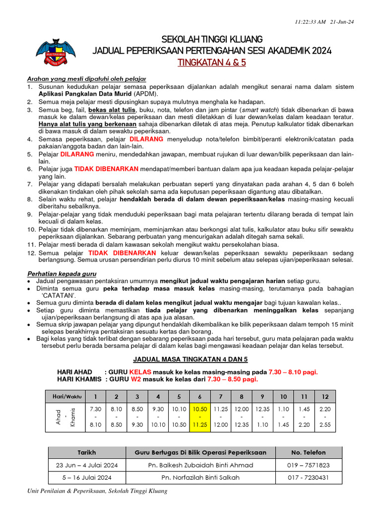 Jadual Peperiksaan Tingkatan 4 & 5 2024 | PDF