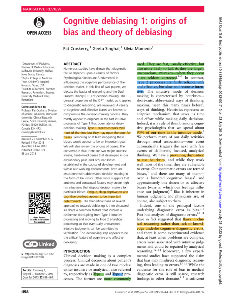 Cognitive Debiasing 1 Origins of Bias and Theory of Debiasing | PDF ...
