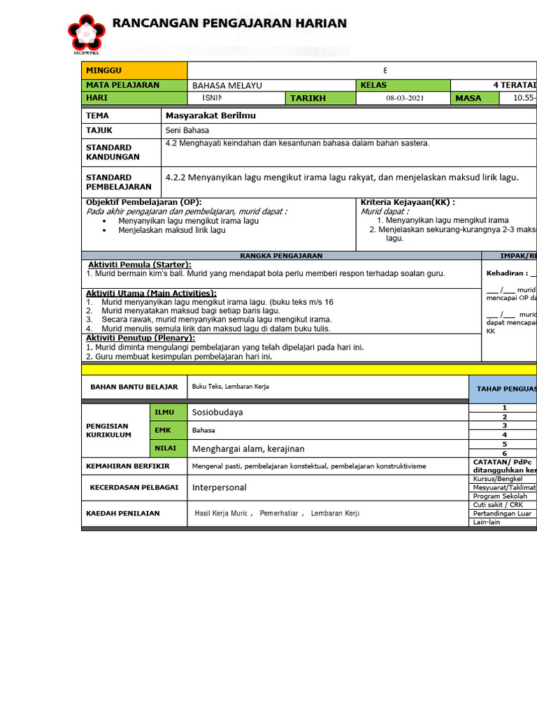 RPH BM TAHUN 4 2021 | PDF