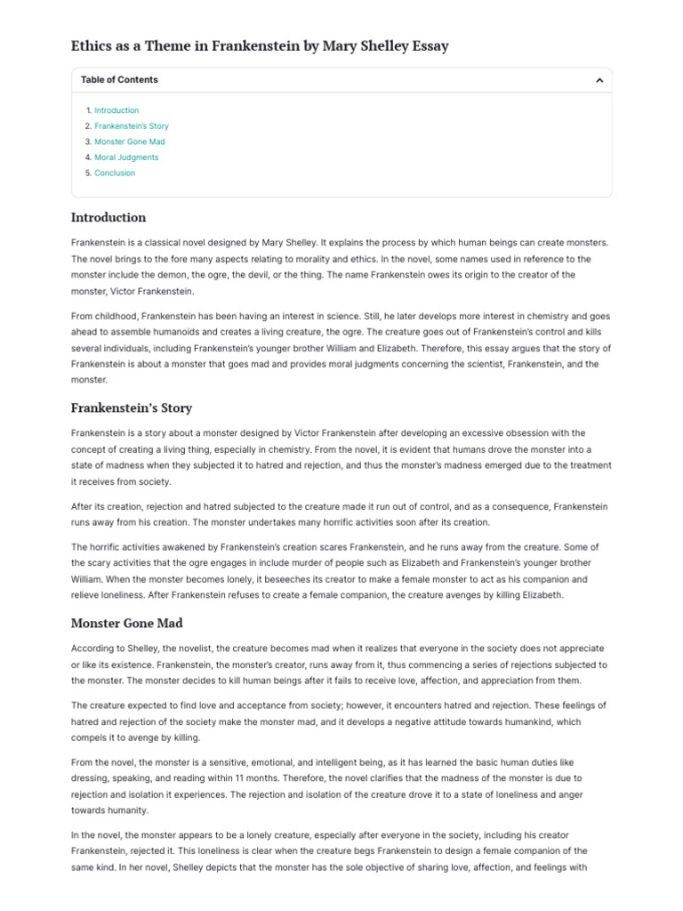 Ethics As A Theme in Frankenstein by Mary Shelley - 908 Words - Essay ...