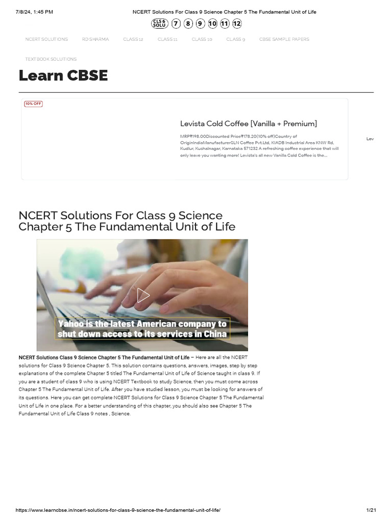 NCERT Solutions For Class 9 Science Chapter 5 The Fundamental Unit of ...